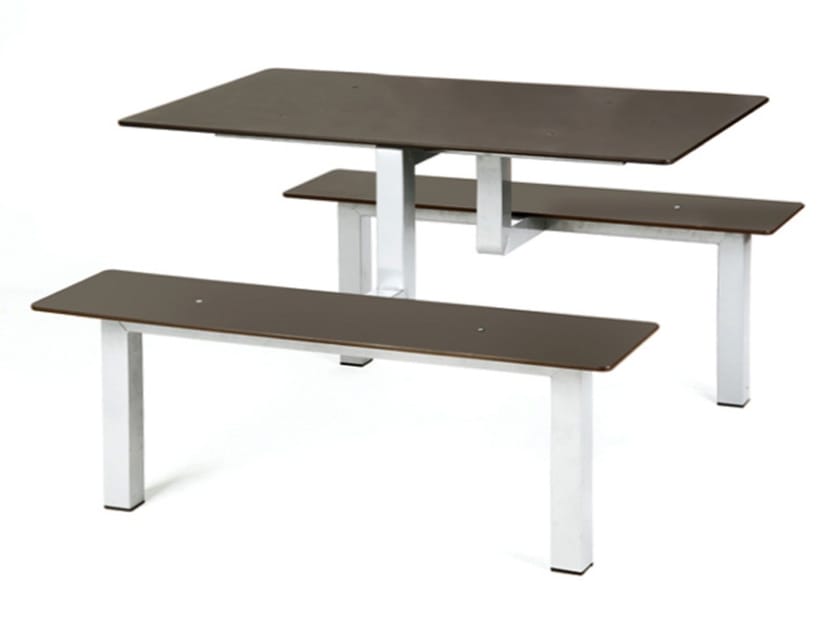 Round steel and wood monoblock canteen table with integrated benches ...