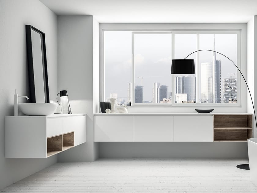 Contemporary style double wall-mounted engineered wood vanity unit with ...