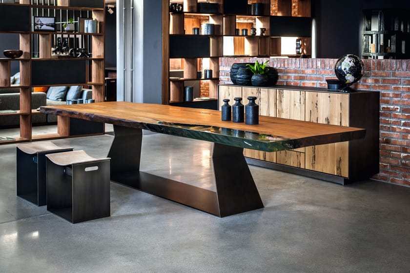 KAURI BEDROCK Rectangular table with Kauri solid wood and iron base By ...