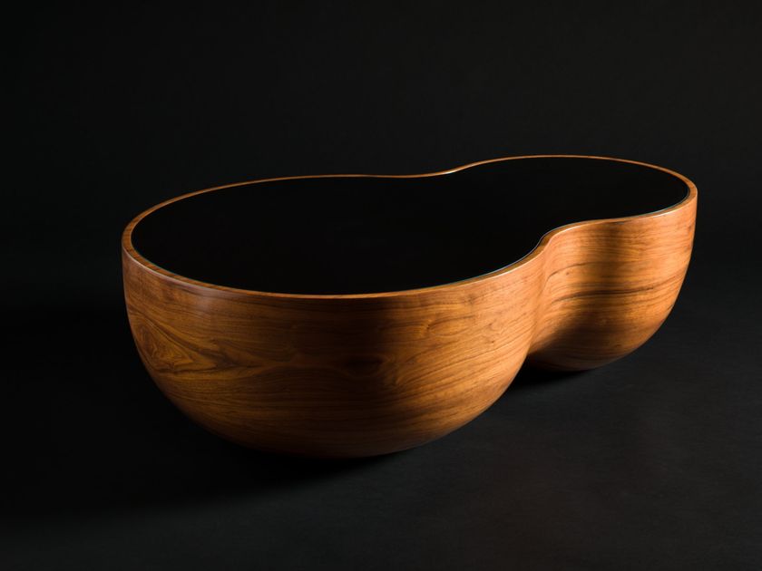 Low wood veneer coffee table with glass top NUT By Panoptikum ...