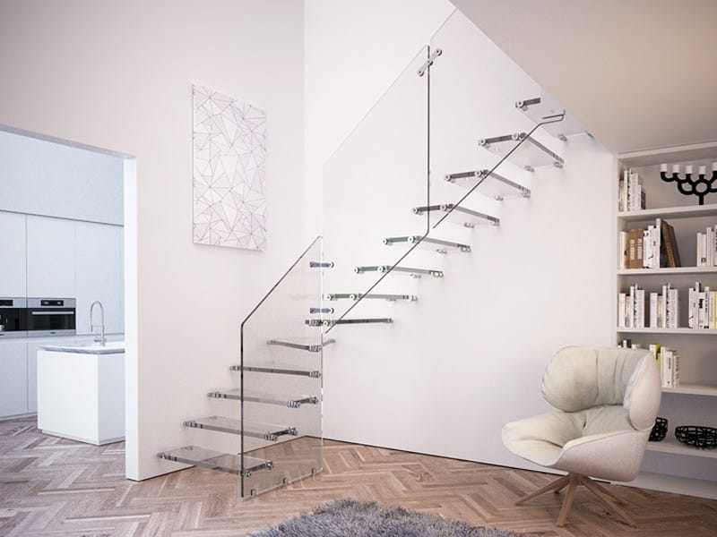 Z-shaped L-shaped U-shaped glass cantilevered staircase AIRA GLASS By RINTAL