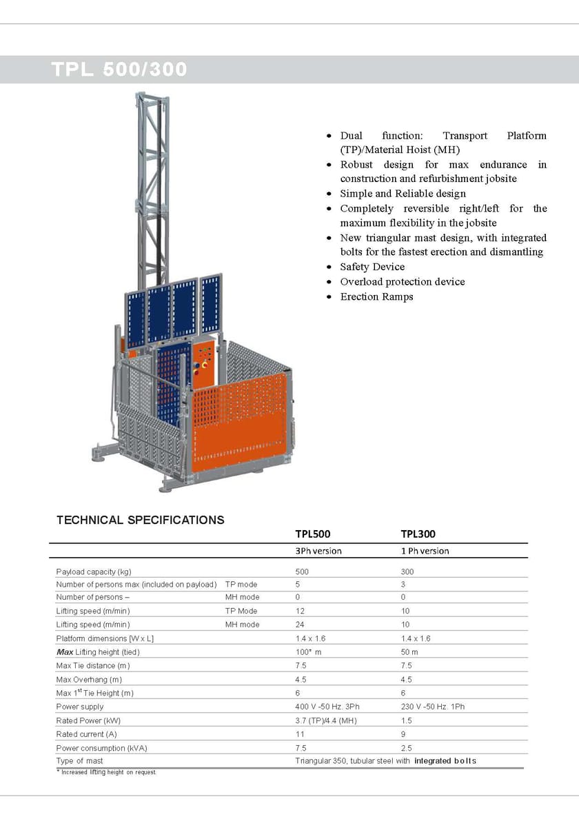 HEK TPL 500 & 300 Construction hoist / Overhead platform By ALIMAK
