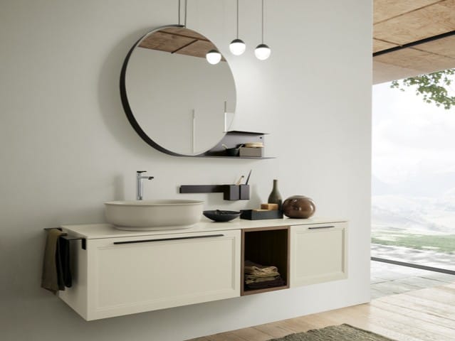 SETA 05 Mobile lavabo sospeso in legno con specchio By Archeda