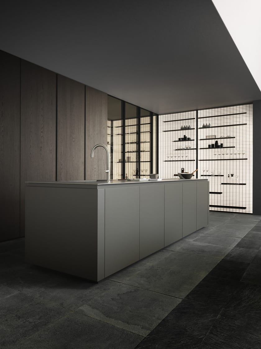 SKILL Linear wood veneer kitchen with island and gres top By MODULNOVA ...