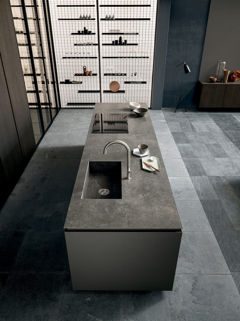 SKILL Linear wood veneer kitchen with island and gres top By MODULNOVA ...