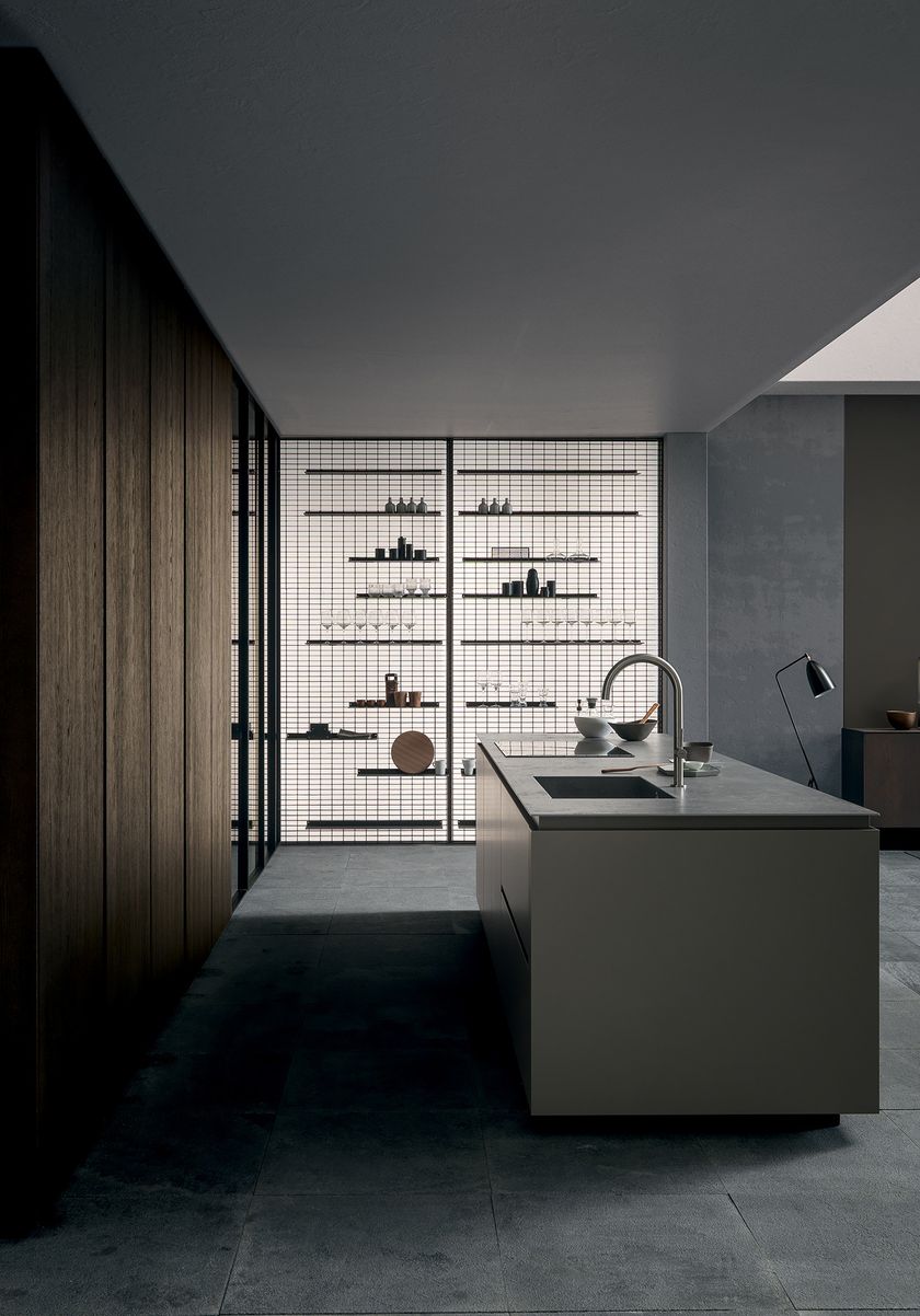 SKILL Linear wood veneer kitchen with island and gres top By MODULNOVA ...