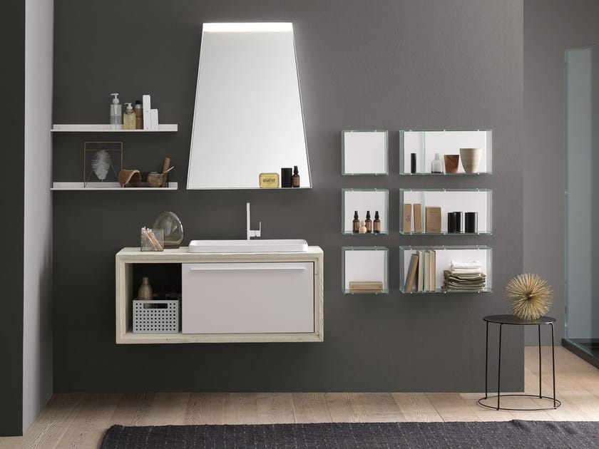 Mobile lavabo sospeso in legno con specchio WOOD 03 By Archeda