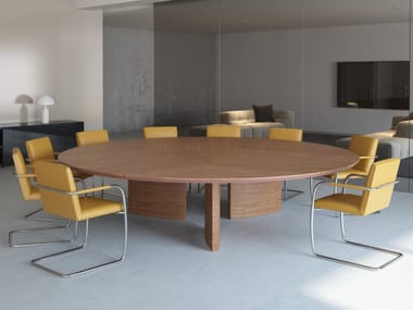 CEO Modular round wood veneer meeting table By BK Contract