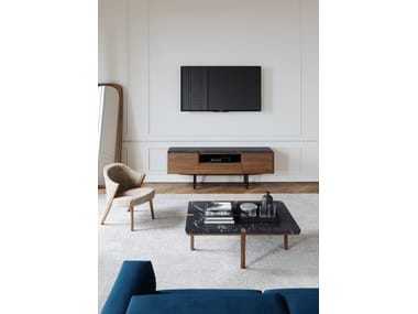 CORNER Low rectangular marble and solid wood center / side table By Wewood