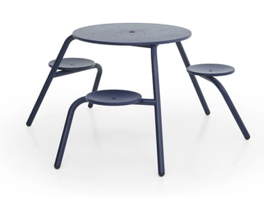 VIRUS 3-SEATER Round metal picnic table with integrated seats By ...