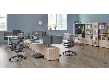 LOCALE Height-adjustable sectional office desk with shelves By Herman ...