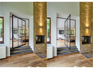 Glass and aluminium central axis pivot door SKD75 STEEL LOOK Steel Look ...