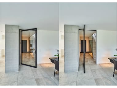 SKD75 STEEL LOOK Glass and aluminium offset axis pivot door By Anyway Doors
