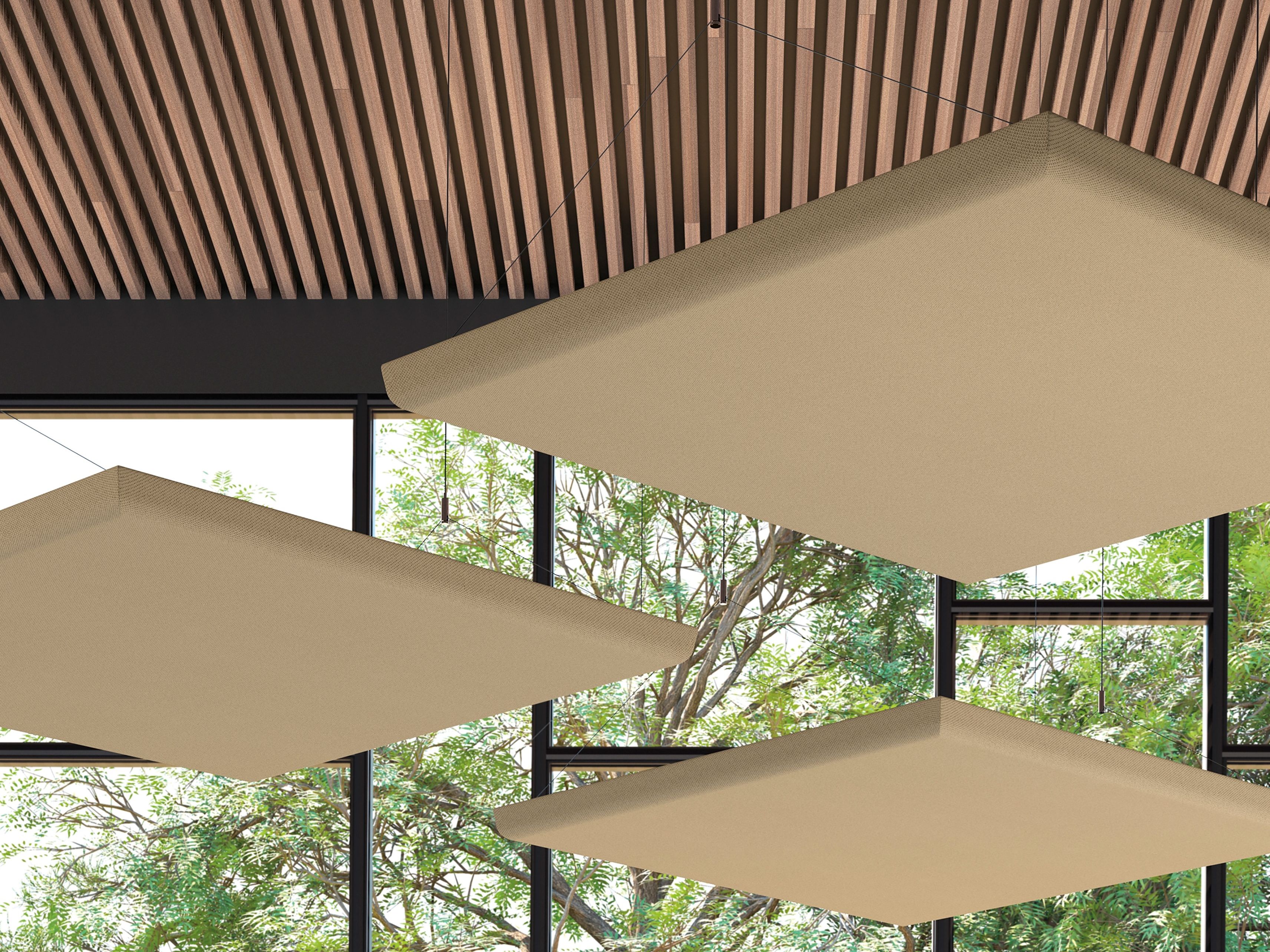 ADDENDA Fabric acoustic ceiling clouds By Manade