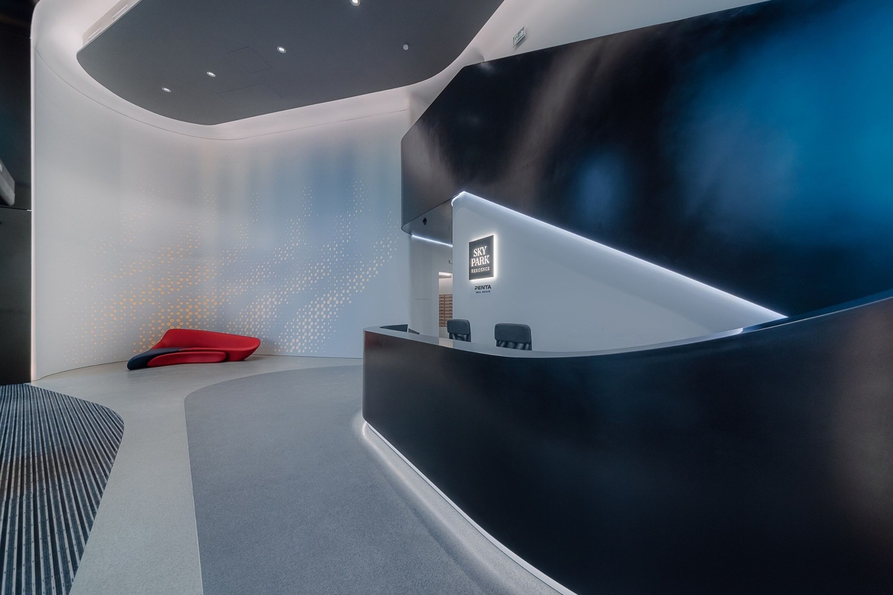 SKY PARK Corian® reception desk By AMOSDESIGN