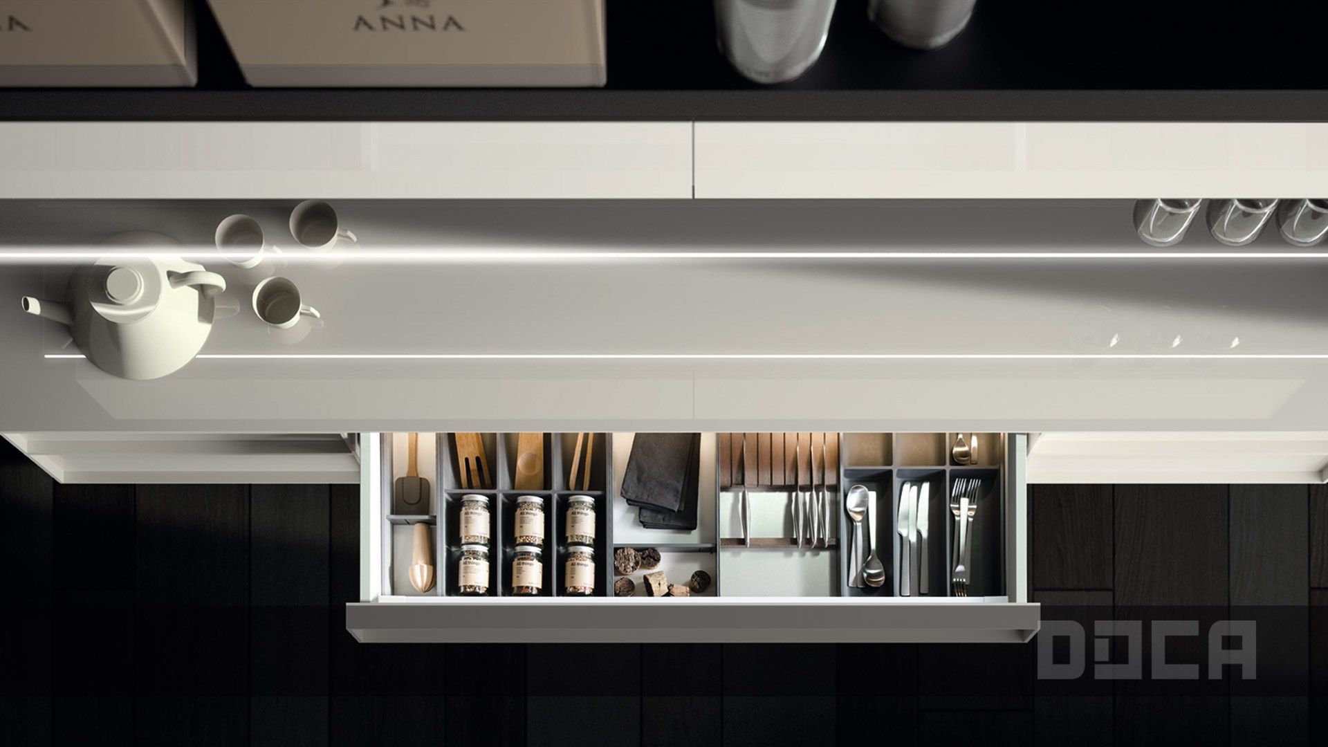 Kitchen with peninsula ANVIL ACERO / FRAME KAREE / IDECO BLANCO By Doca