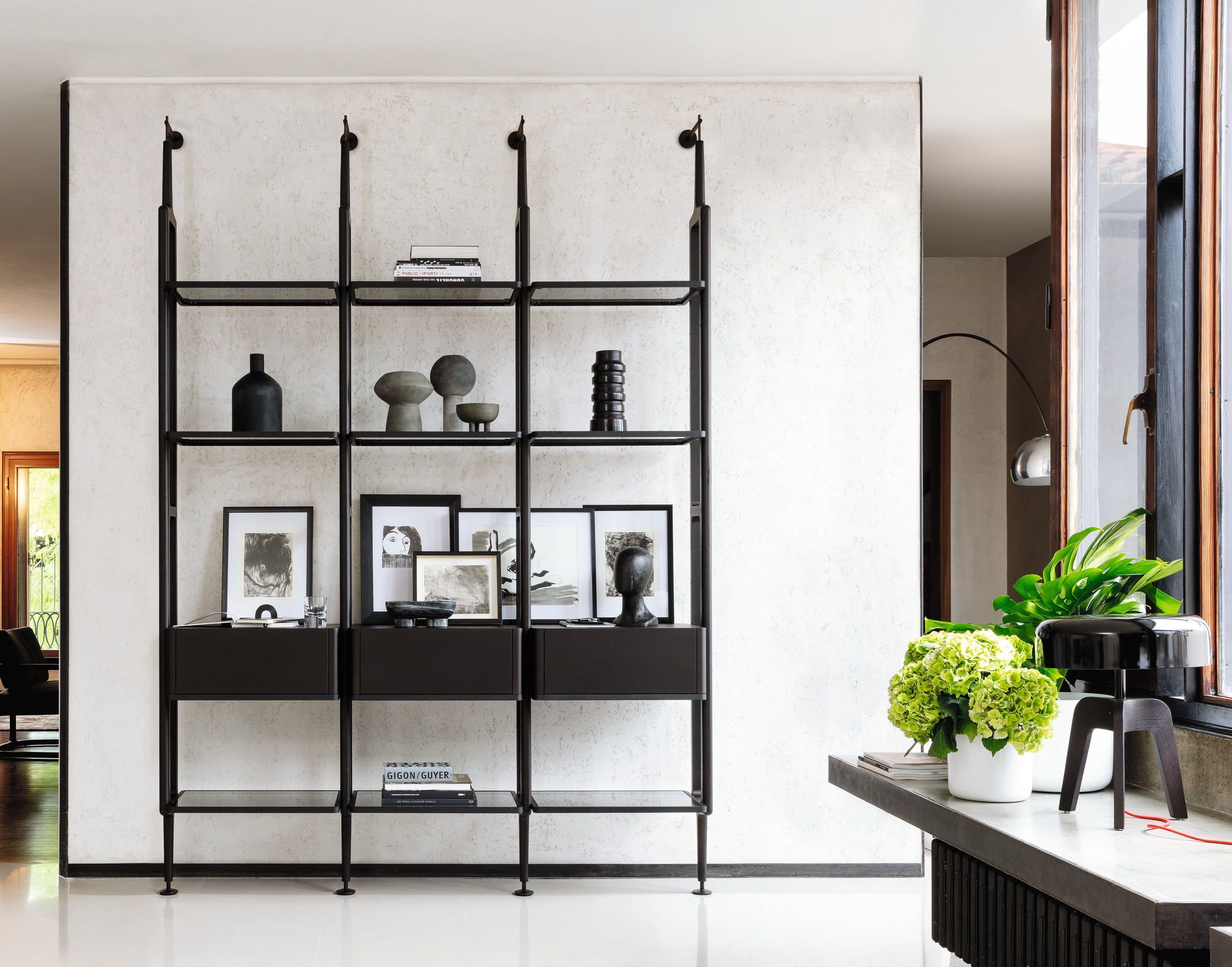 ARIA | Wall-mounted bookcase Modular ash bookcase with drawers By ...