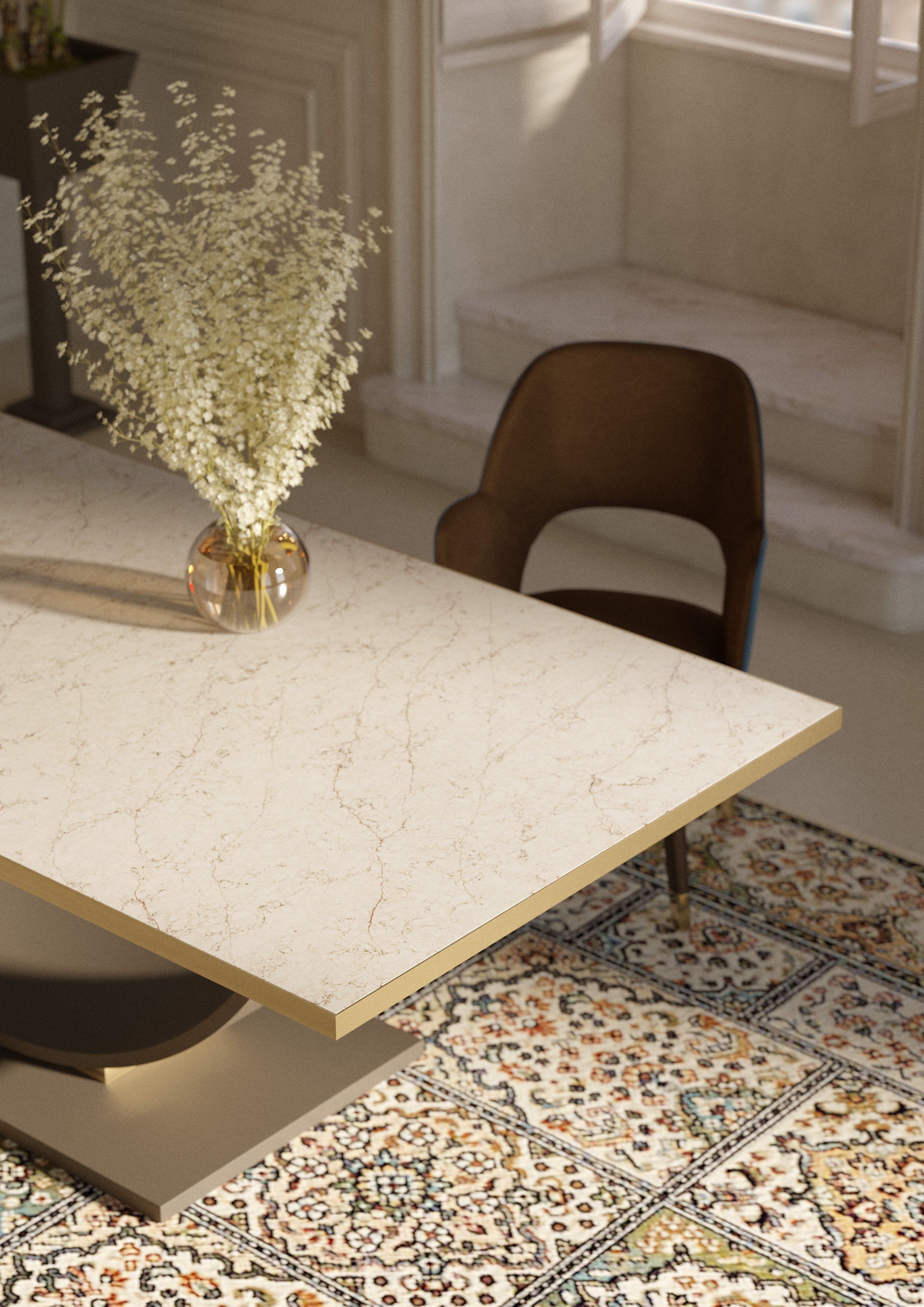 ARK Rectangular steel dining table and quartz top By ORO NERO Collection