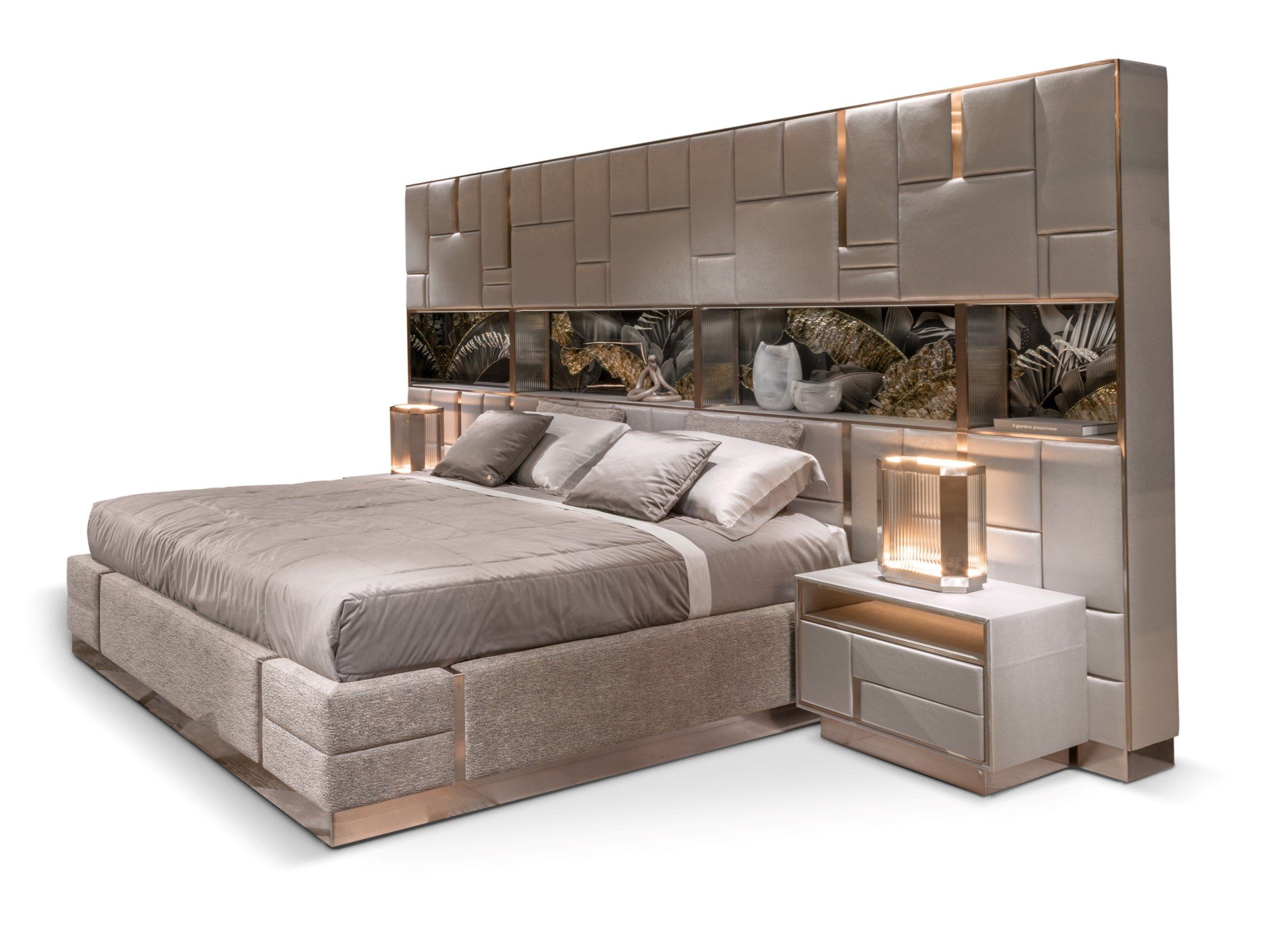 BELOVED ART Glass and steel bed with upholstered headboard By ...