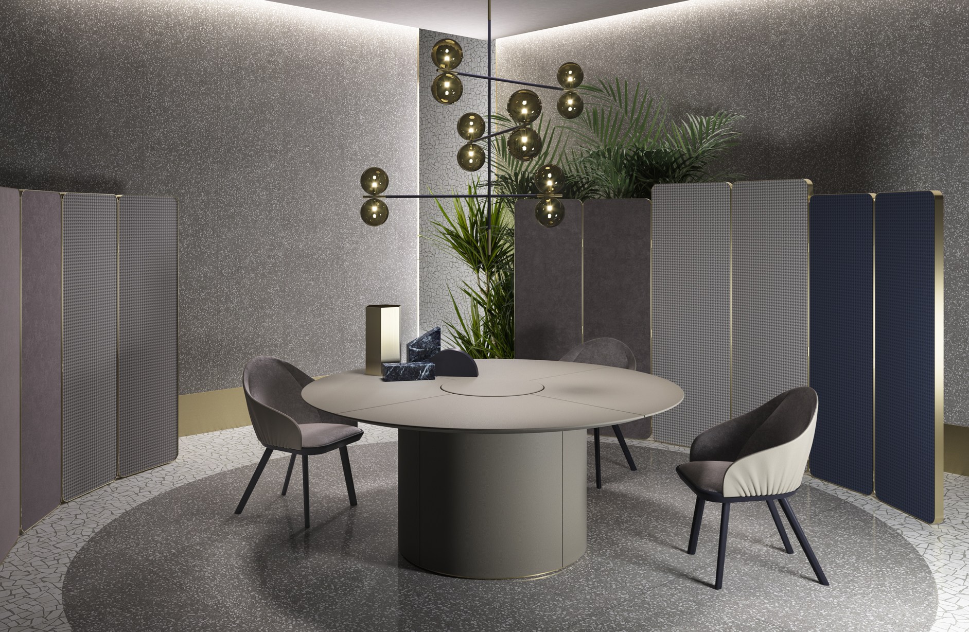BLOCK 2.0 Round marble meeting table with cable management By PROF