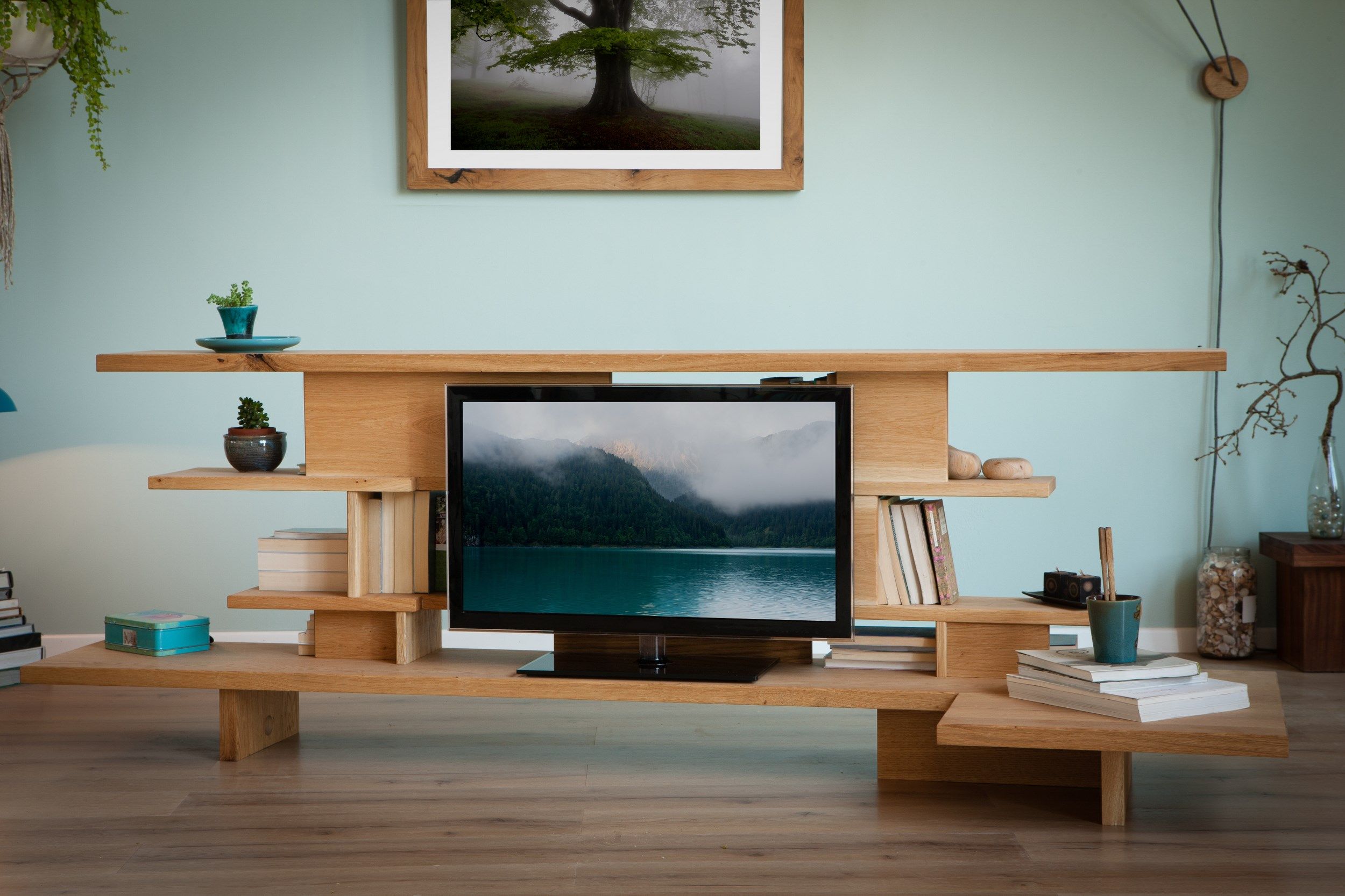 Freestanding double-sided oak bookcase with TV stand BOUQUIN By Xilolab