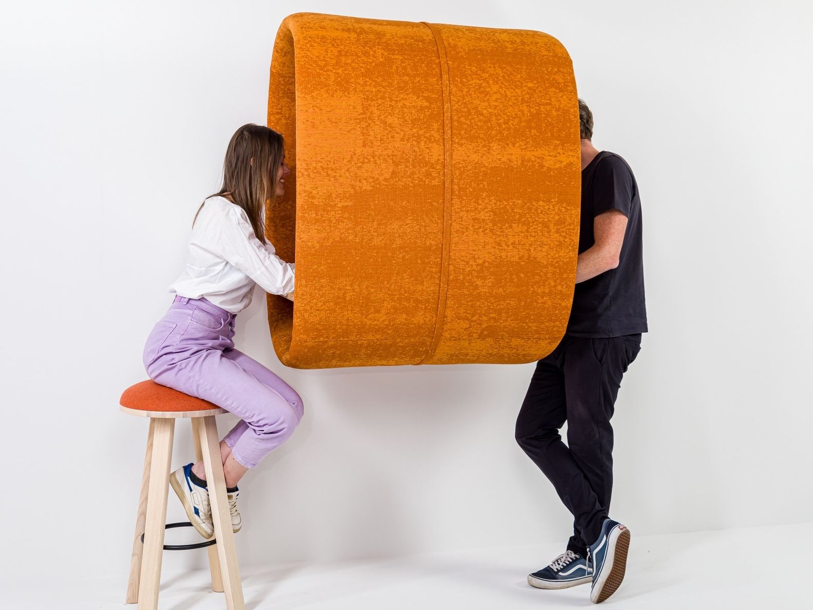 Acoustic multimedia fabric office booth with built-in lights BuzziRing By BuzziSpace