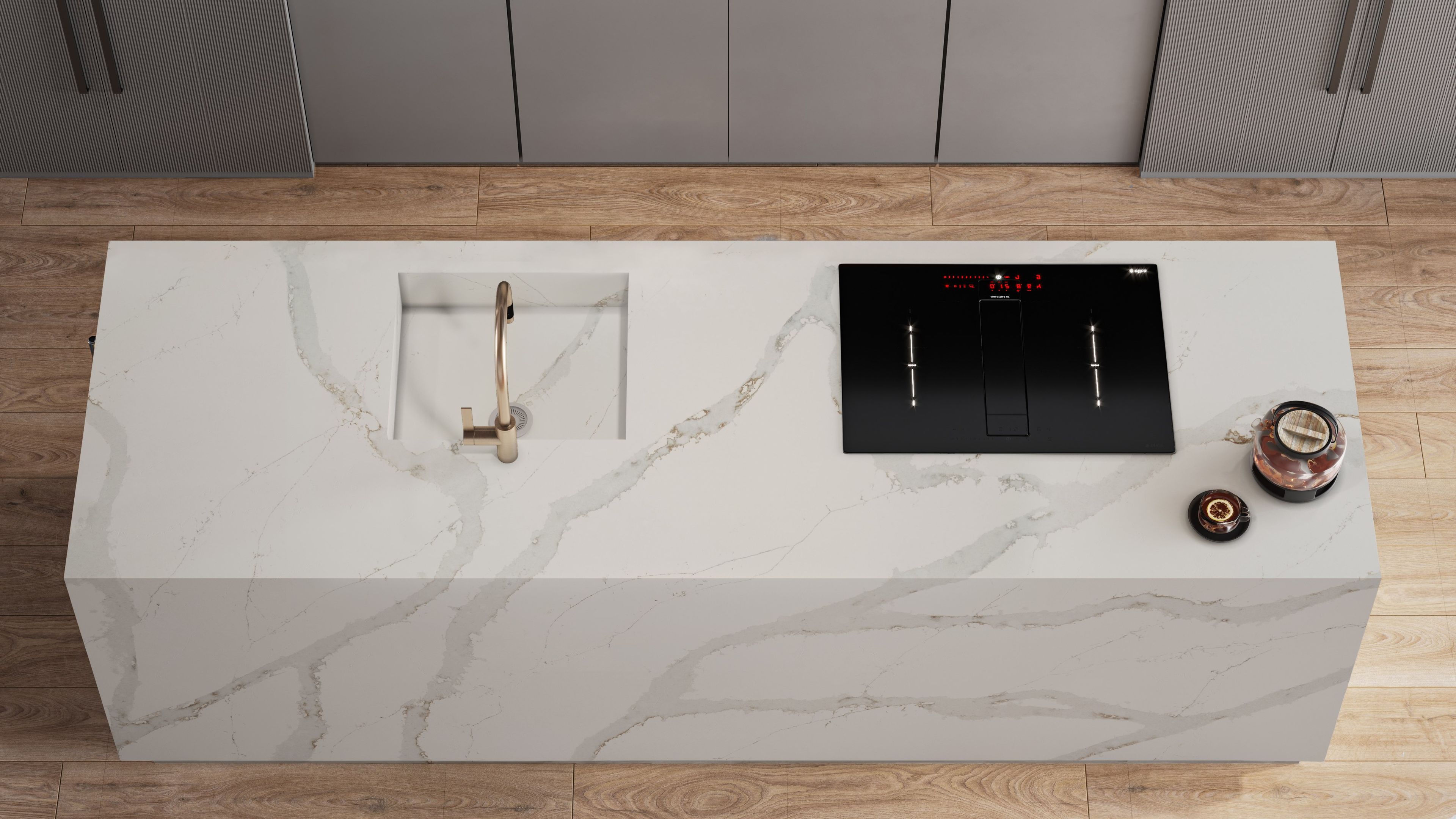 Reconstructed stone kitchen worktop with marble effect CALACATTA CAPRI ...