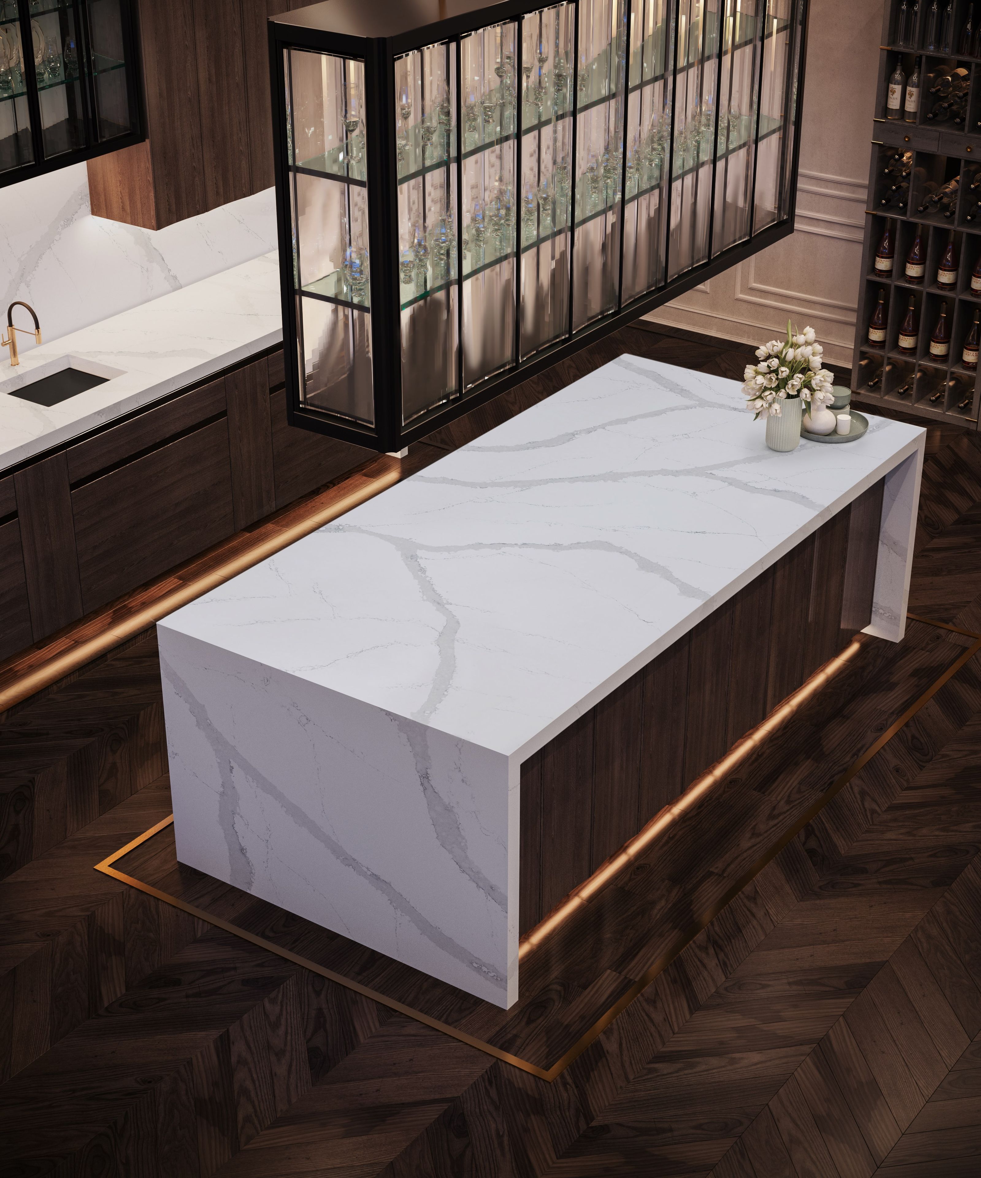 Reconstructed stone kitchen worktop with marble effect CALACATTA MICHELANGELO By Quantra Quartz