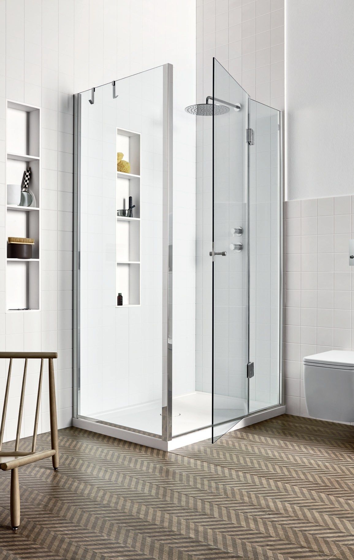 Corner shower enclosure with fixed screen and hinged door Corner ...