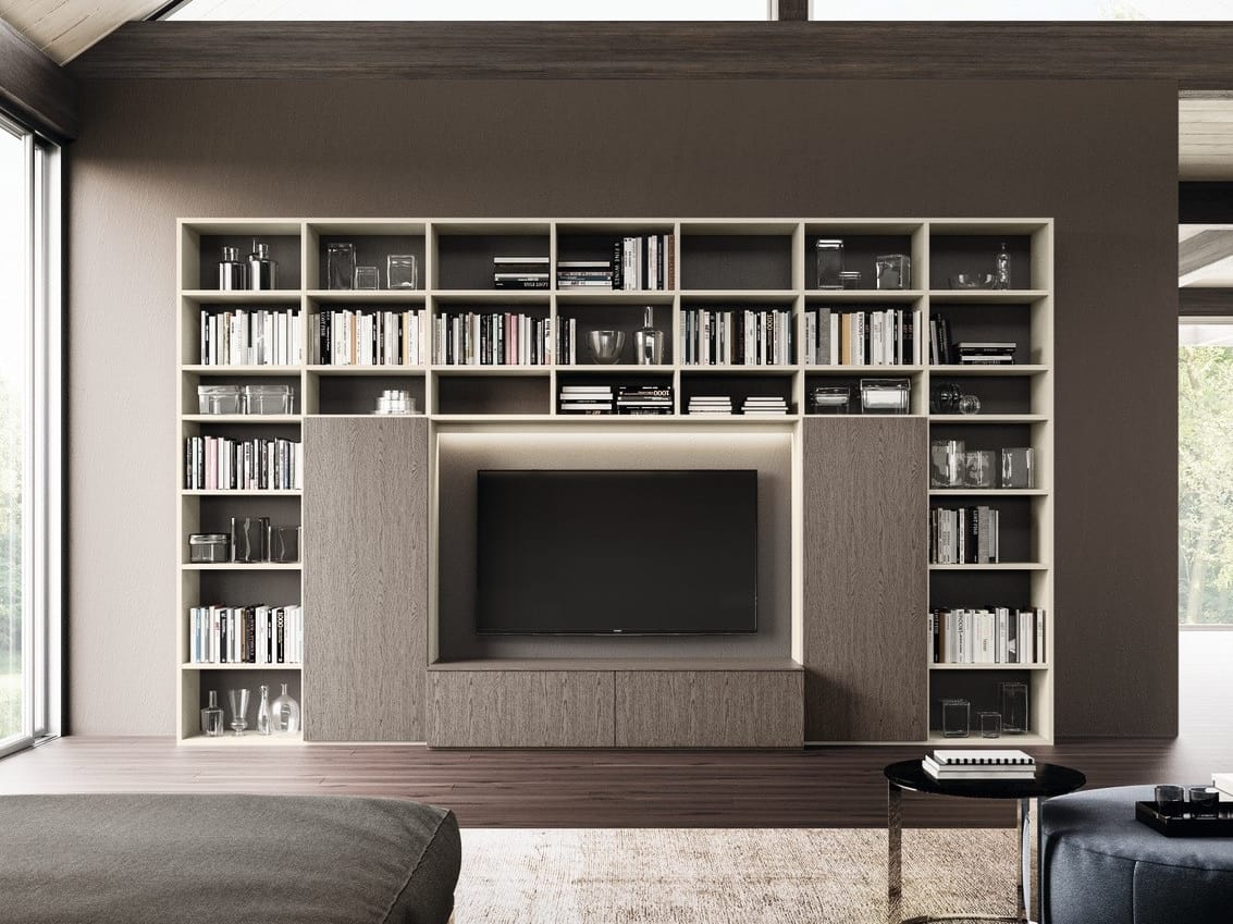 DAY SYSTEM 05 Wall-mounted wooden bookcase with TV stand By Composit