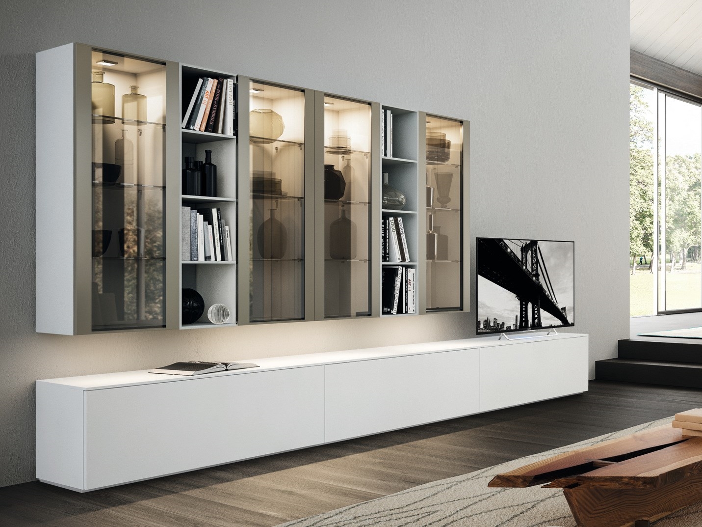 Contemporary style wall-mounted lacquered wooden storage wall with ...