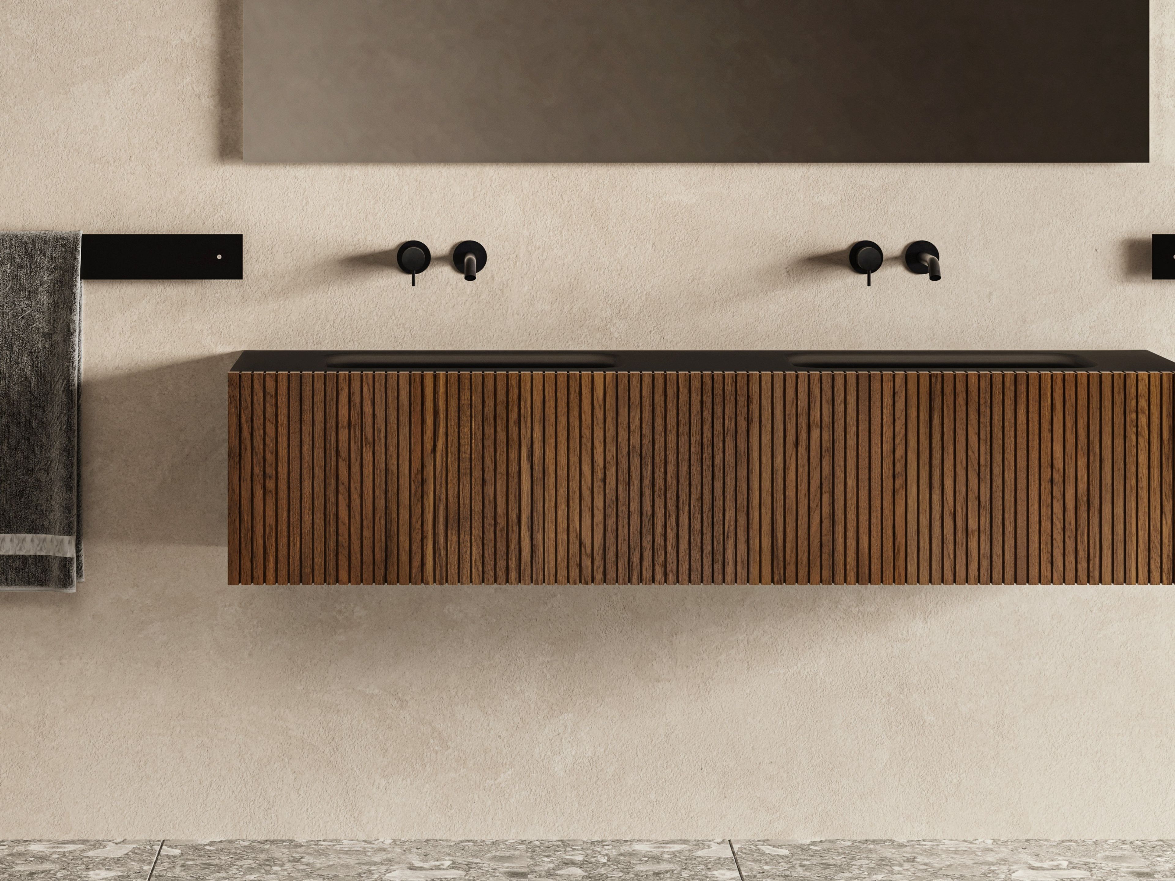 DOOR TEAK STRIPES | Double vanity unit Wall-mounted teak vanity unit ...