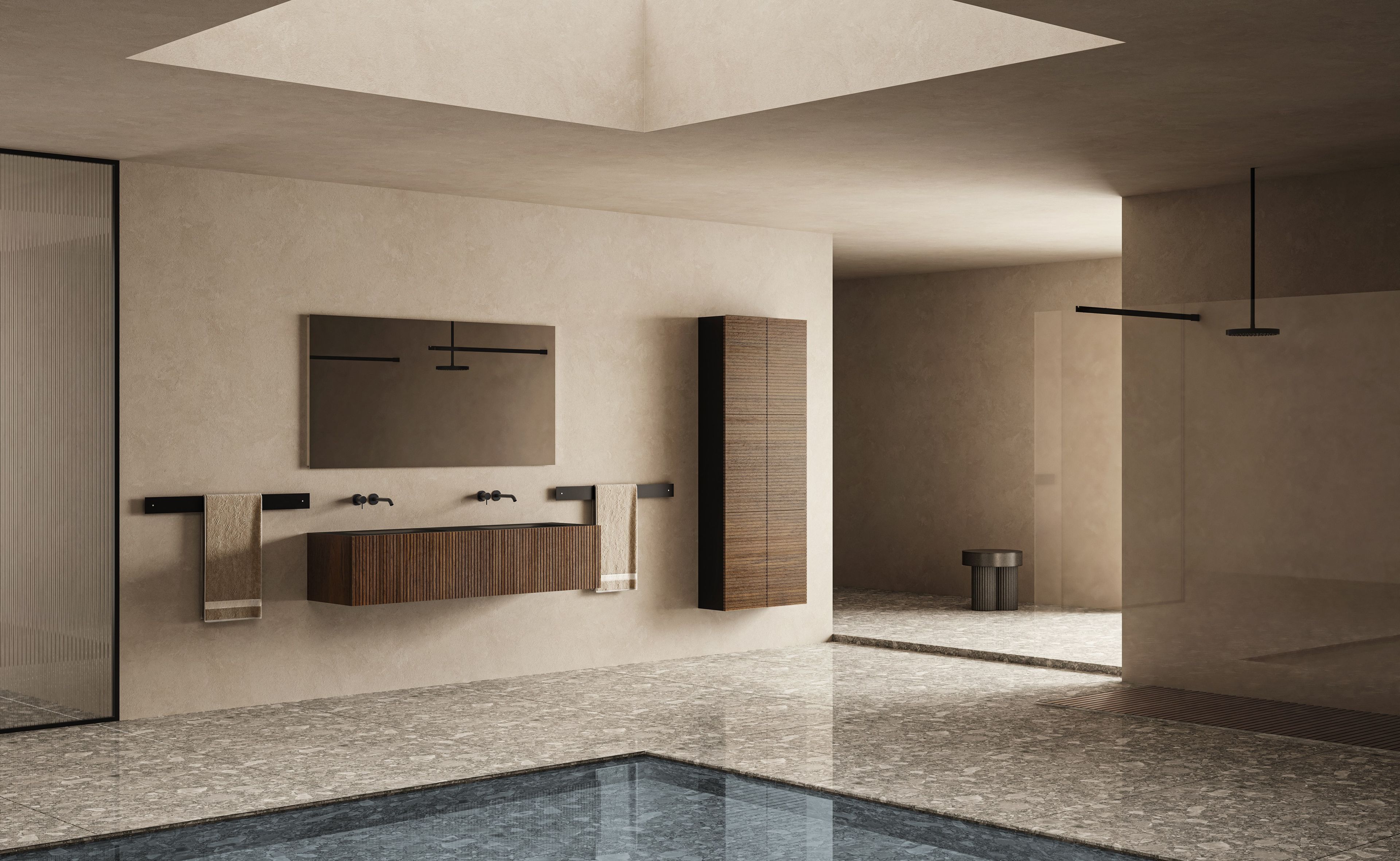 DOOR TEAK STRIPES | Double vanity unit Wall-mounted teak vanity unit ...