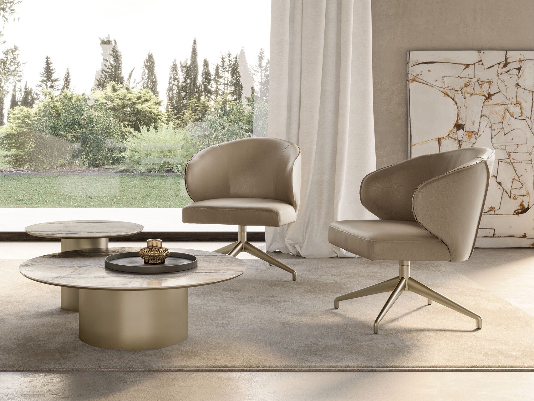 MANTA LOUNGE Trestle-based swivel leather armchair with armrests By EFORMA