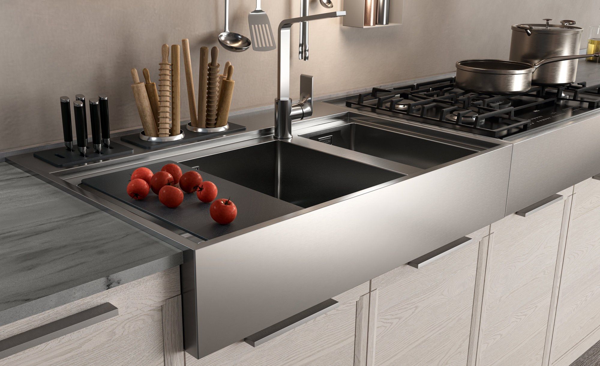 Wooden fitted kitchen with peninsula FLAVOUR BRIDGE 6 By Cucine Lube