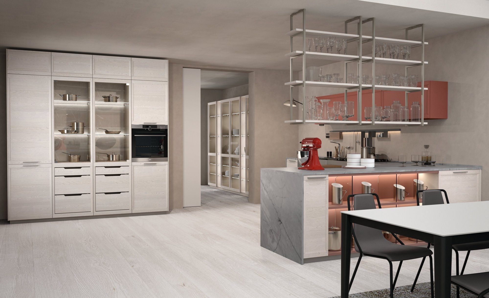 Wooden fitted kitchen with peninsula FLAVOUR BRIDGE 6 By Cucine Lube