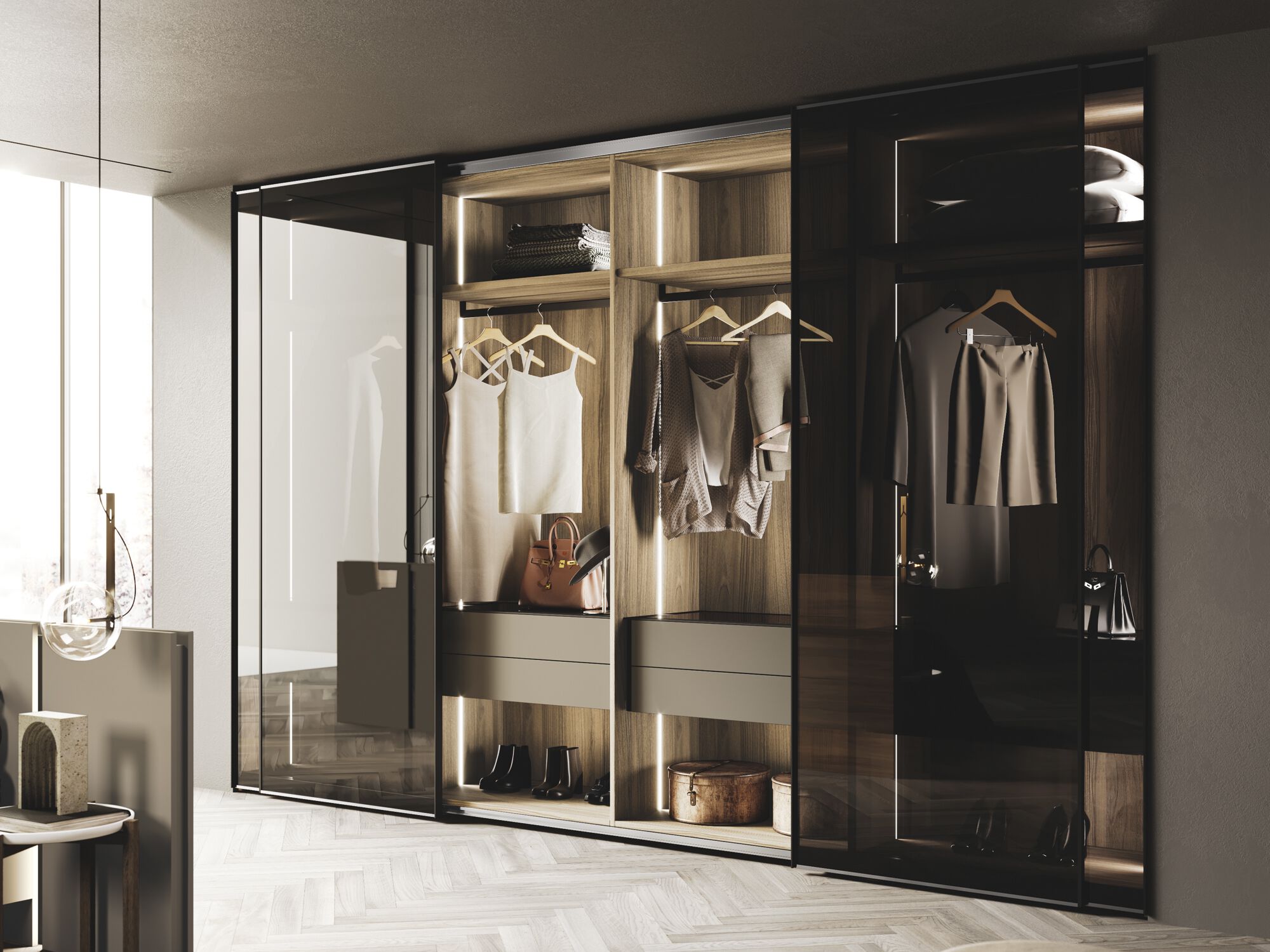 NAIMA Custom sectional glass and aluminium wardrobe with sliding doors ...