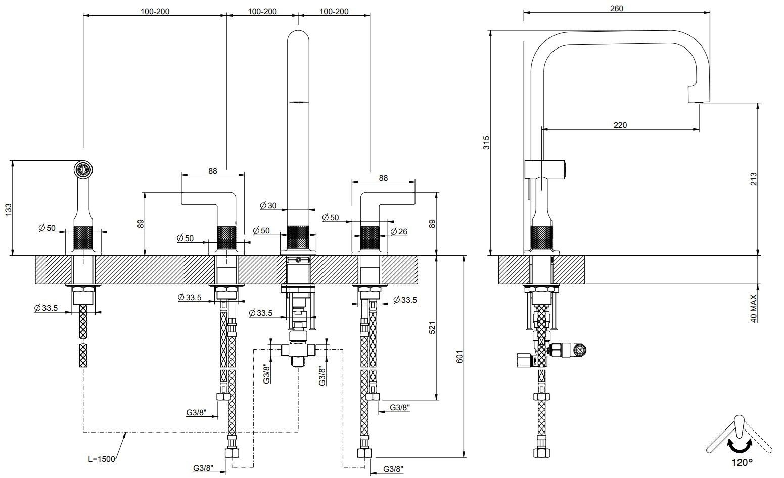 INCISO 3 hole countertop brass kitchen tap with spray By Gessi