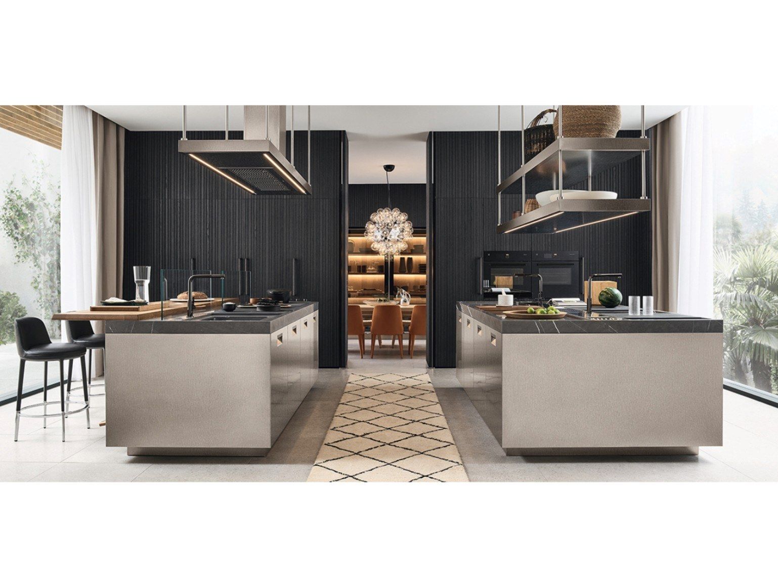 ITALIA + FRAME SYSTEM Kitchen in stainless steel and wood with double island By Arclinea ...