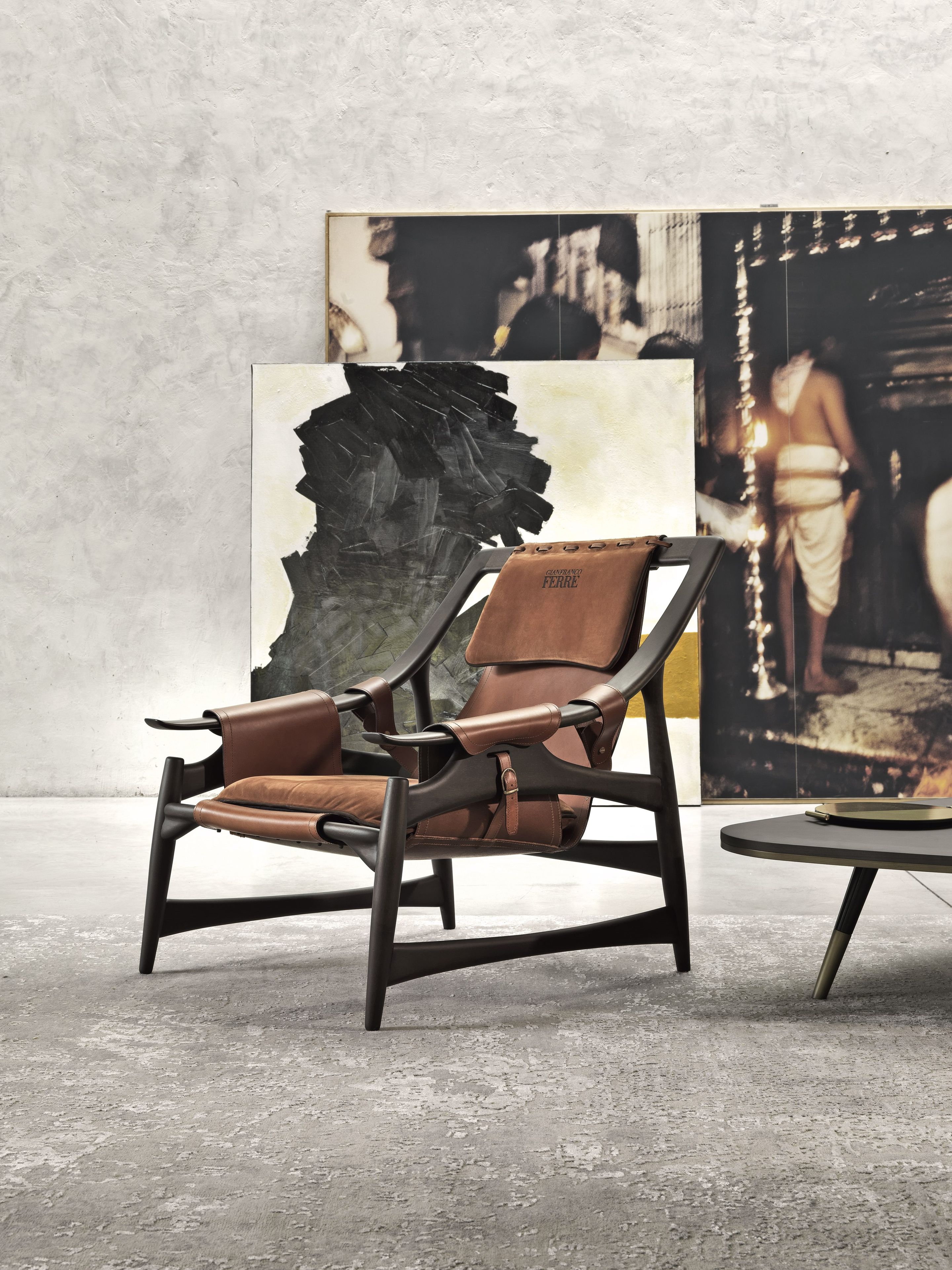 Tanned leather armchair with armrests KALAMAJA By Gianfranco Ferré Home