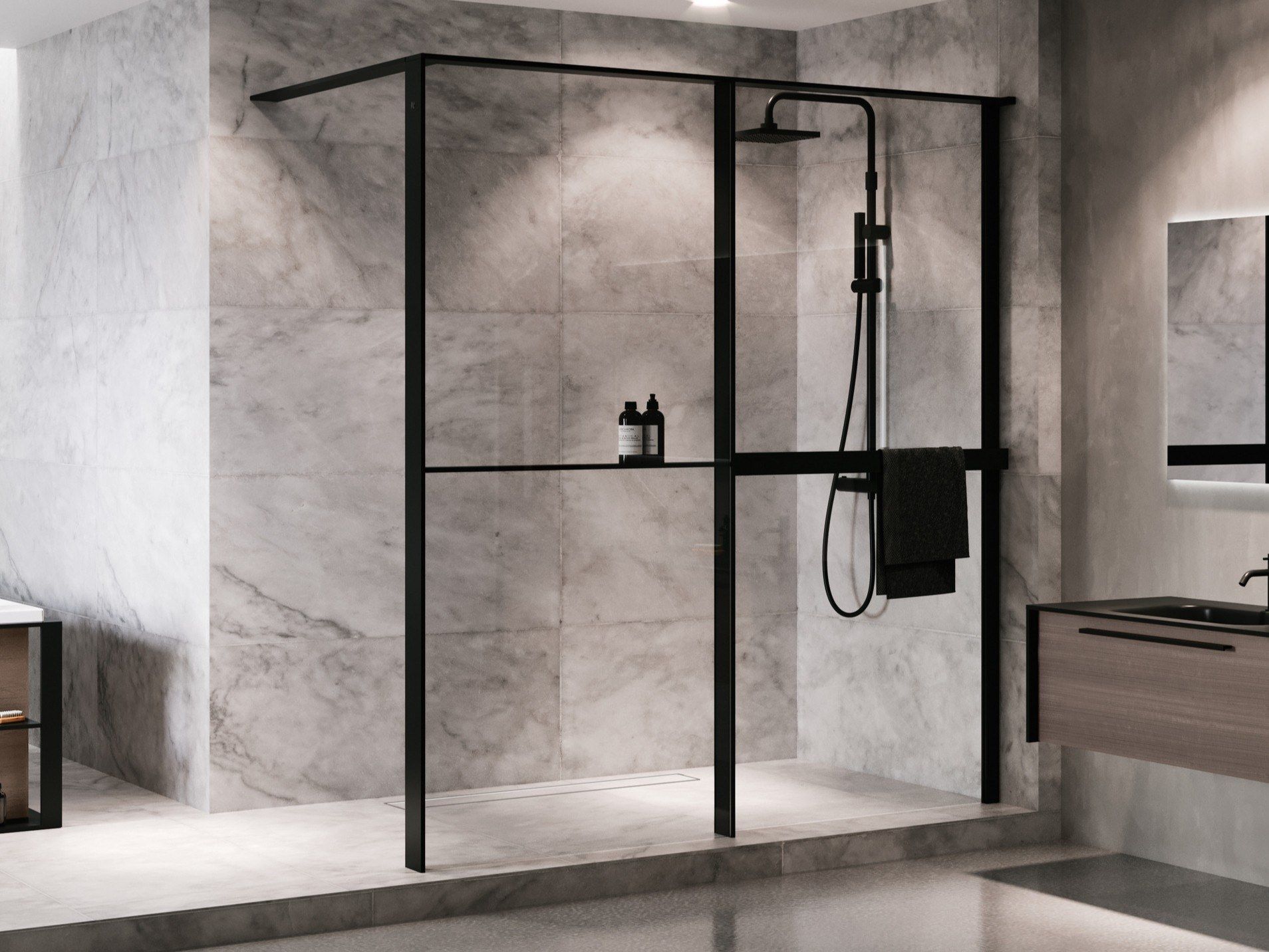 Glass and aluminium shower panel with shelf and towel holder KUADRA ...