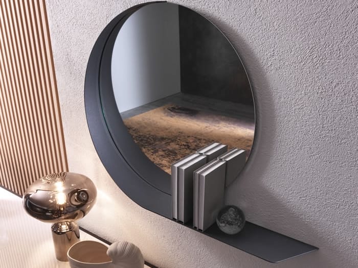 Round wall-mounted painted metal mirror with shelf MADAME By RIFLESSI