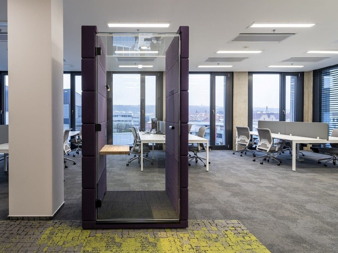 Acoustic fabric office booth with built-in lights MICROOFFICE UNIQ By ...