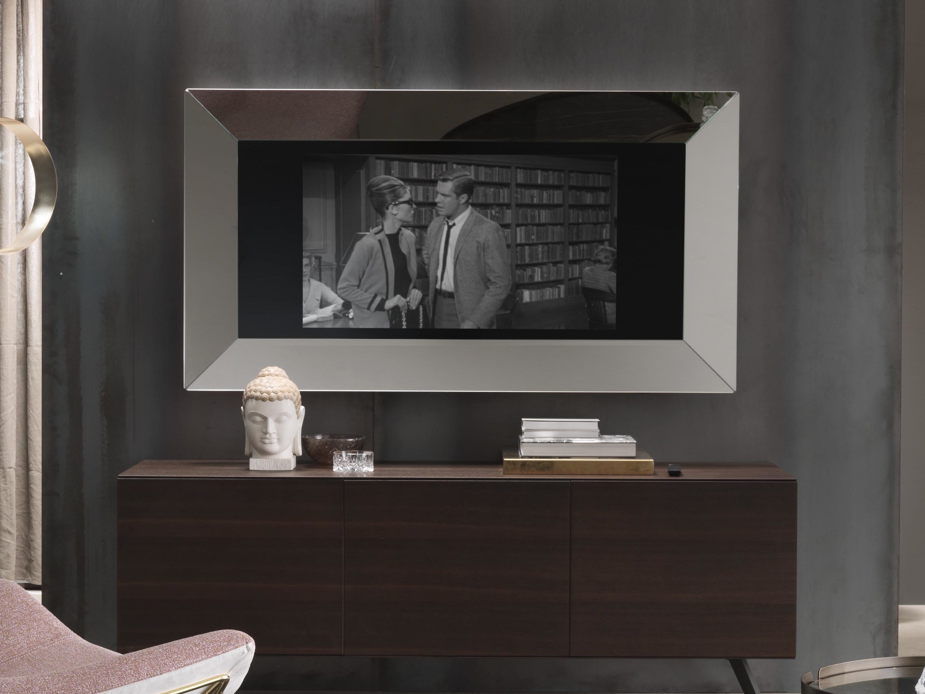Framed wall-mounted aluminium mirror MIRRORING TV By RIFLESSI