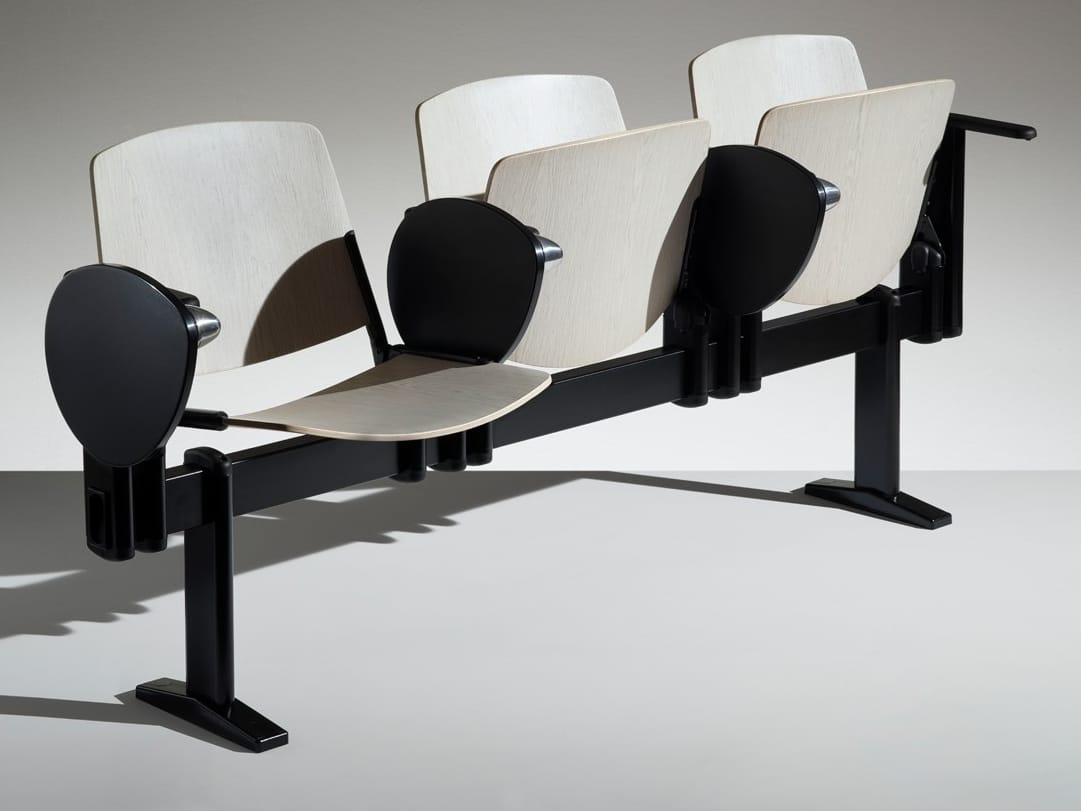 NEW MODULAMM | Beam seating with tip-up seats Wooden beam seating with armrests with writing ...