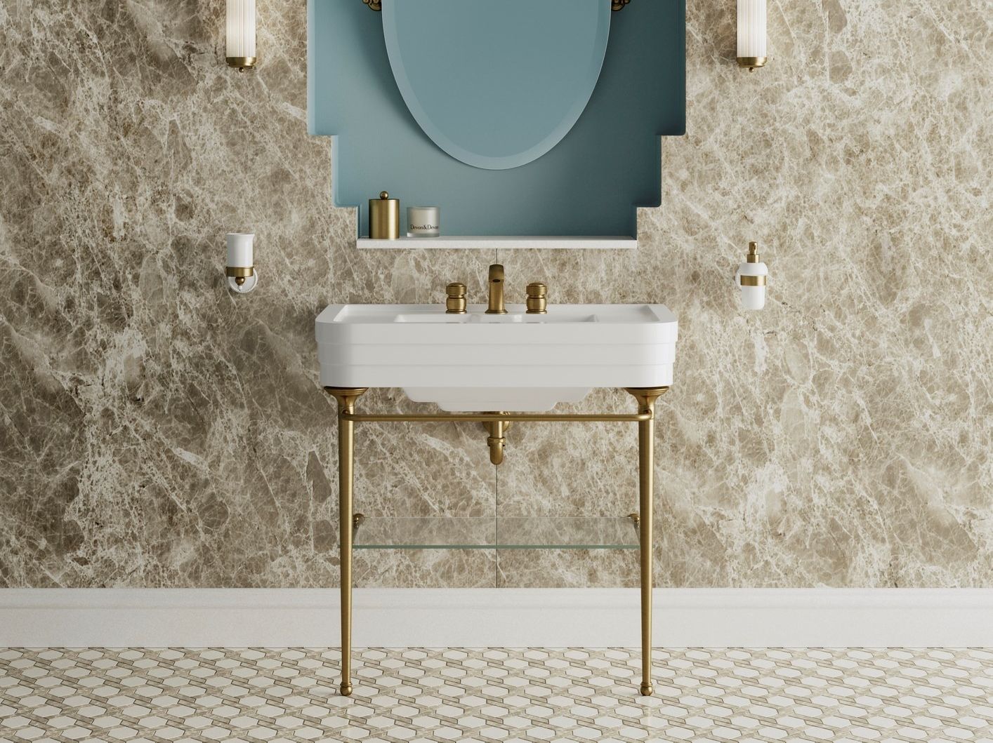 NOBEL Floor-standing brass console sink with towel rail By Devon&Devon