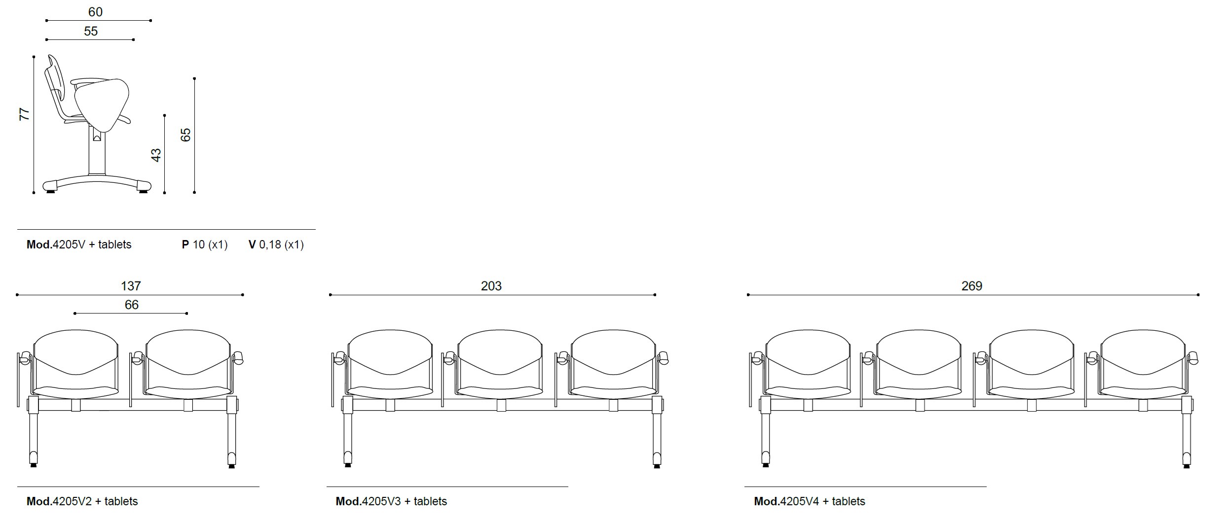 OMNIA CONTRACT Chaises sur poutre avec tablette écritoire By Ares Line ...