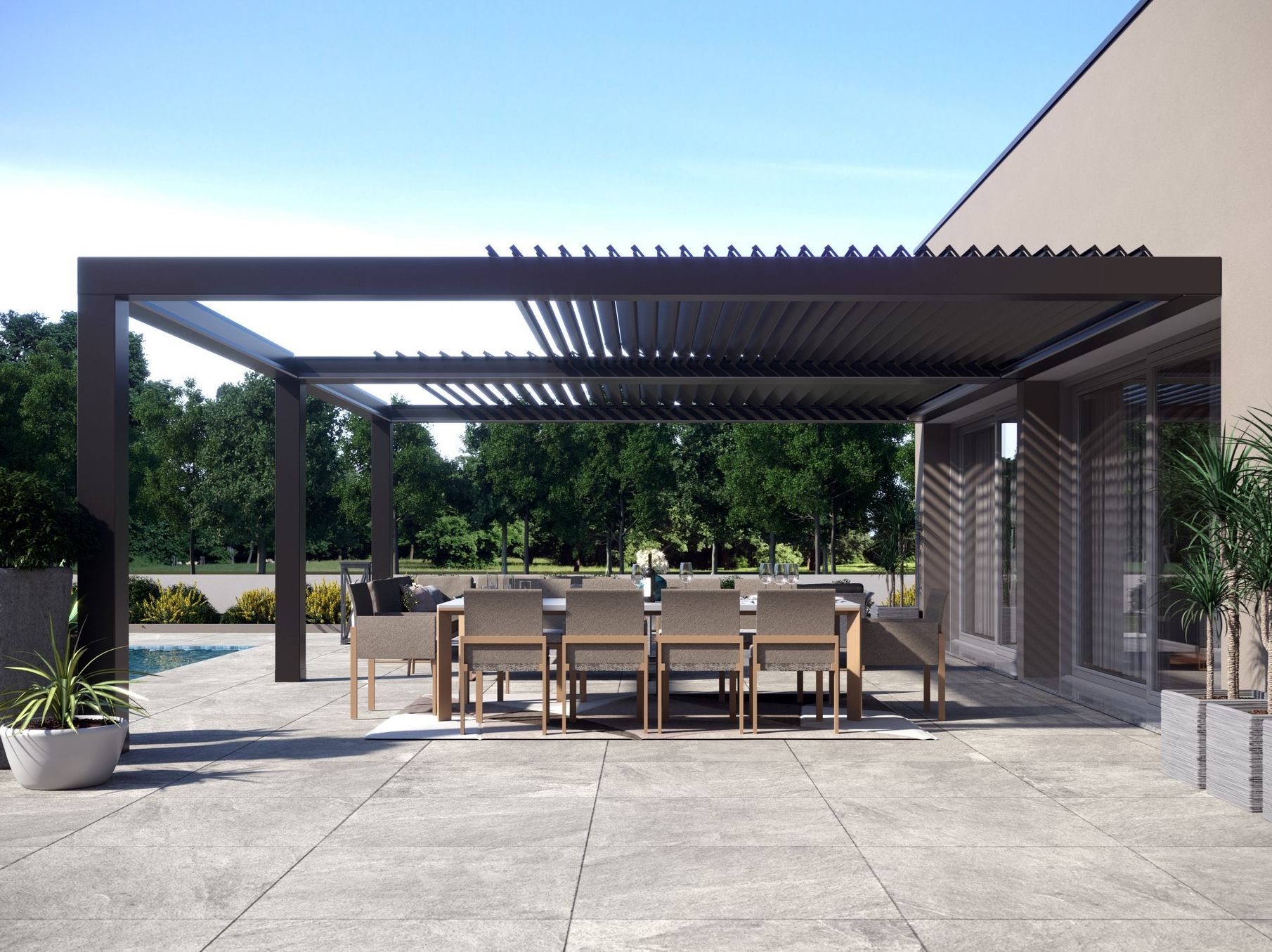 PERGOMOVE Wall-mounted metal pergola with folding louvers with ...