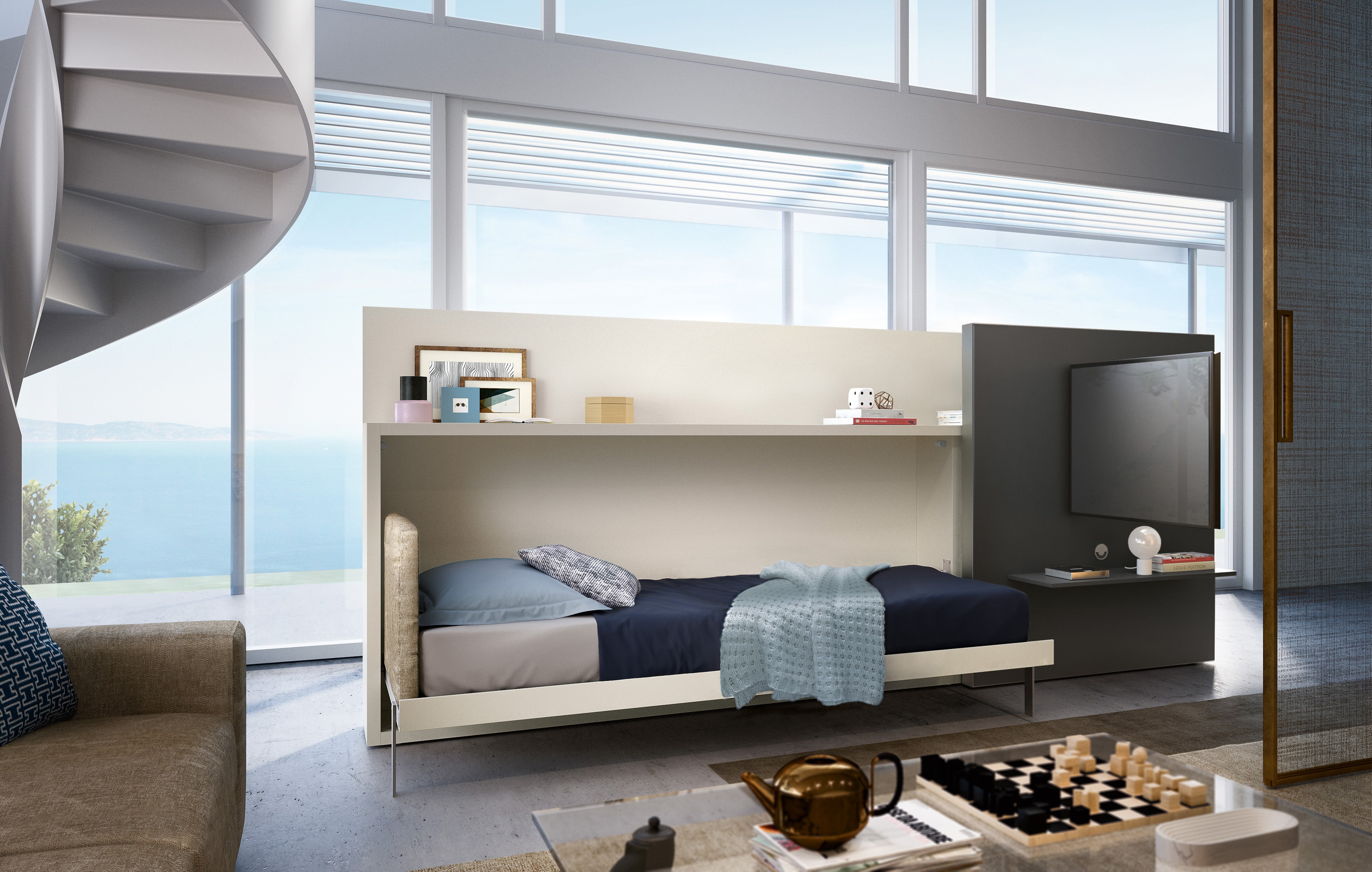 POPPI THEATRE Freestanding wooden storage wall with fold-away bed By ...