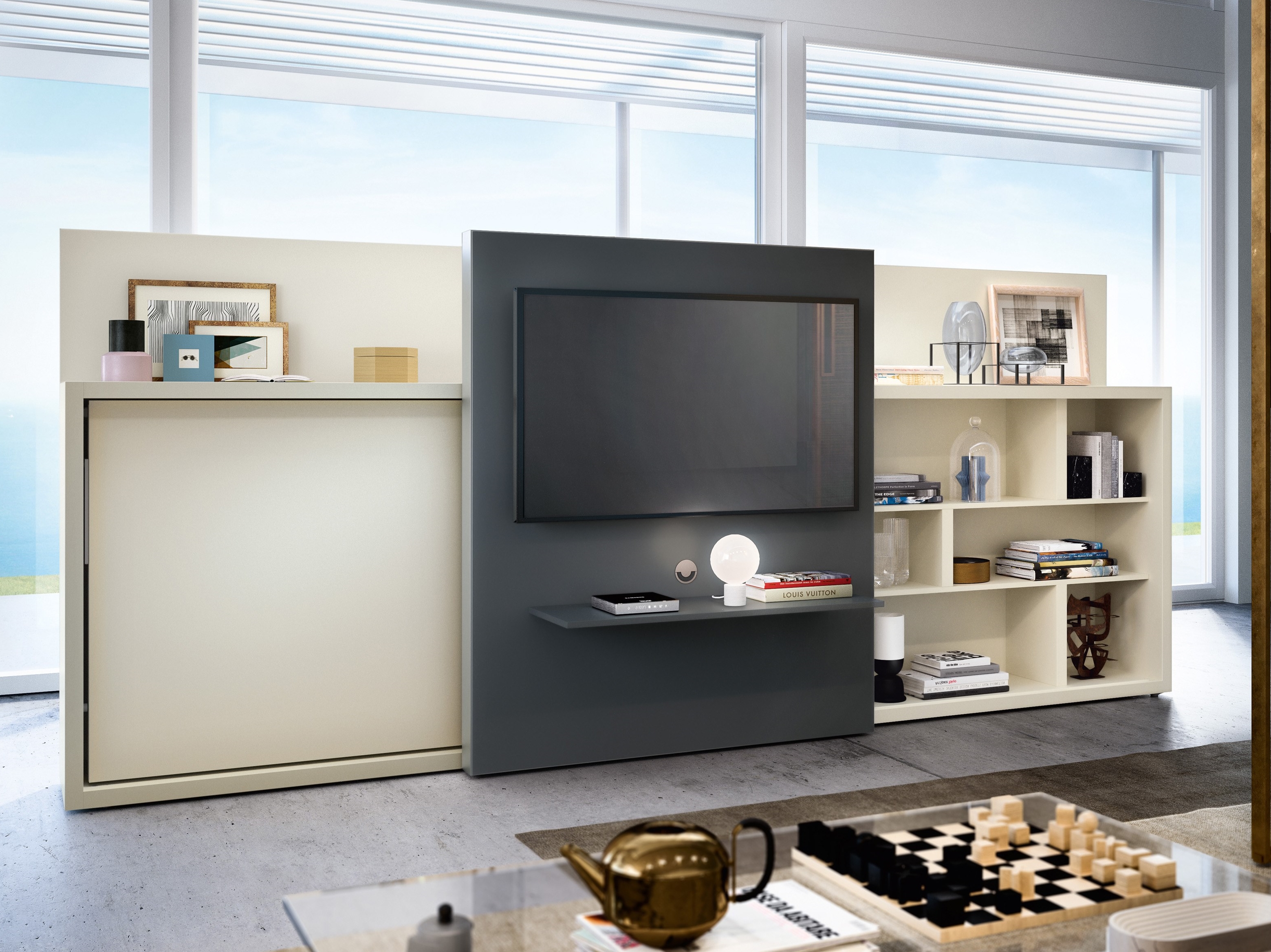 POPPI THEATRE Freestanding wooden storage wall with fold-away bed By ...